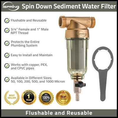 iSpring Reusable Spin Down Sediment Water Filter, 20 GPM, 1" MNPT + 3/4 ...
