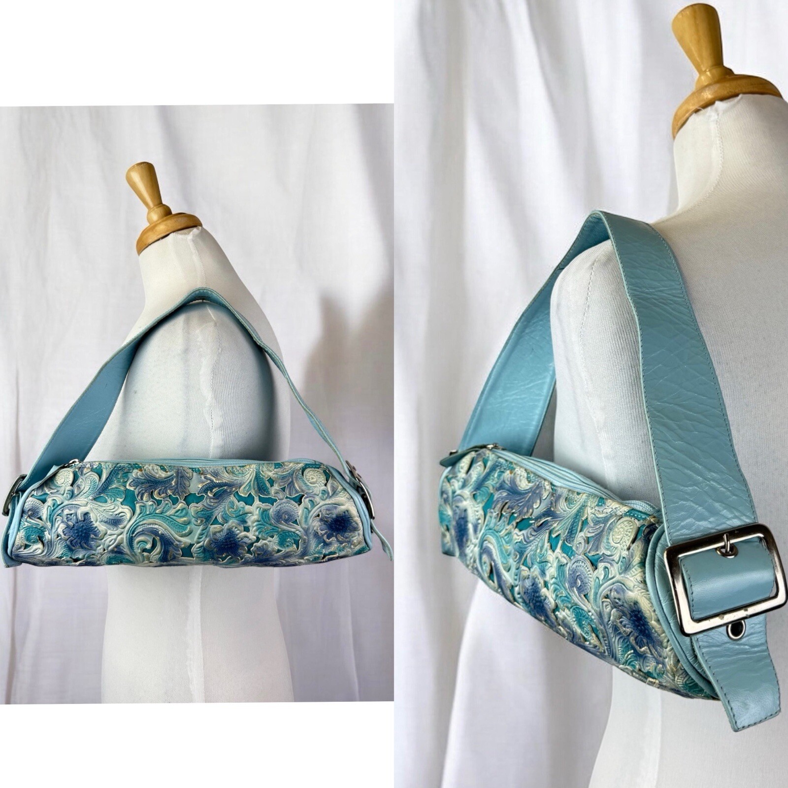 Vera Pella Italian Leather Shoulder Purse 90s Flowers Blue Italy Side ...