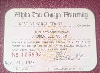 Alpha Tau Omega Fraternity Membership Card 1977 | eBay