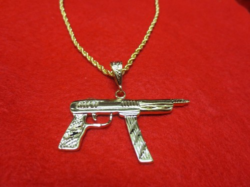 14 KT GOLD PLATED MACHINE GUN CHARM 2" BY 2" WITH A 16"-30" INCH 3MM ...