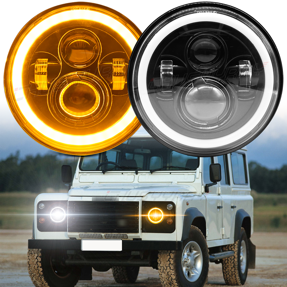 Pair 7" Inch Round LED Headlight Hi/Lo Beam DRL Fit Land Rover Defender ...