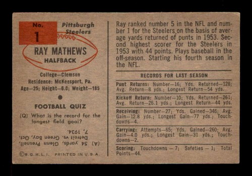 1954 Bowman #1 Ray Mathews ! VGEX X2865019 | eBay