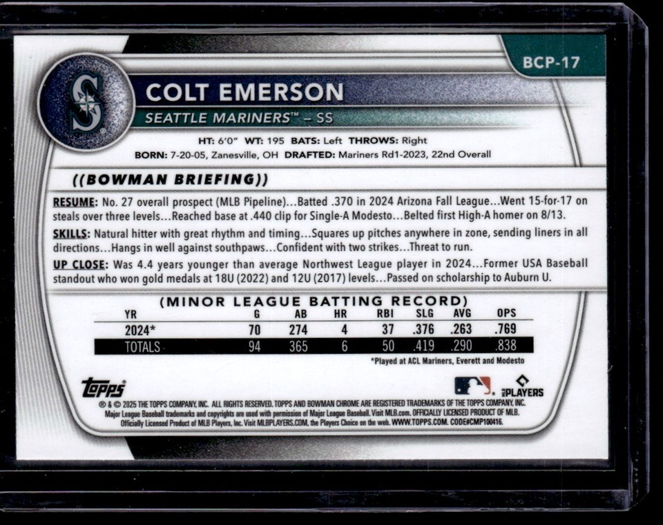 COLT EMERSON 2025 BOWMAN CHROME BLUE REFRACTOR RC 108/150 SEATTLE ...
