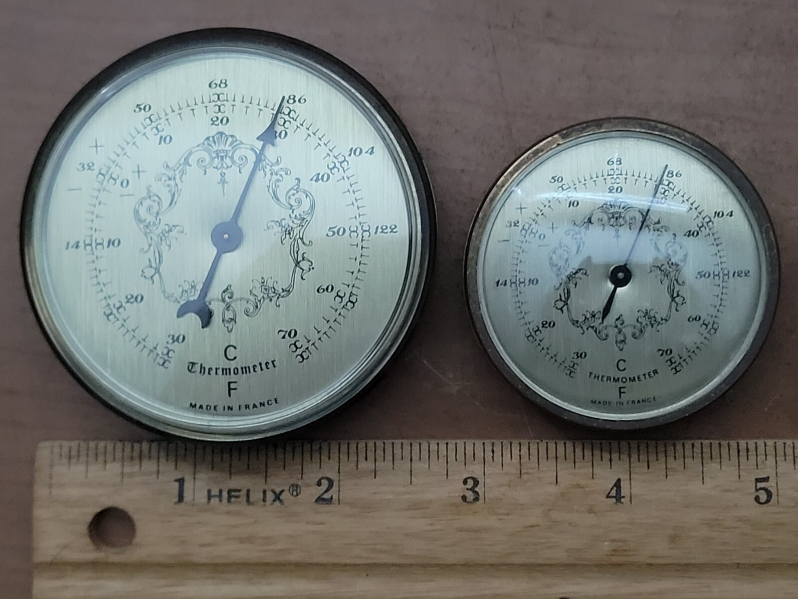 Two vintage round thermometers. 2.75 inch and 2 inch. Made in France ...