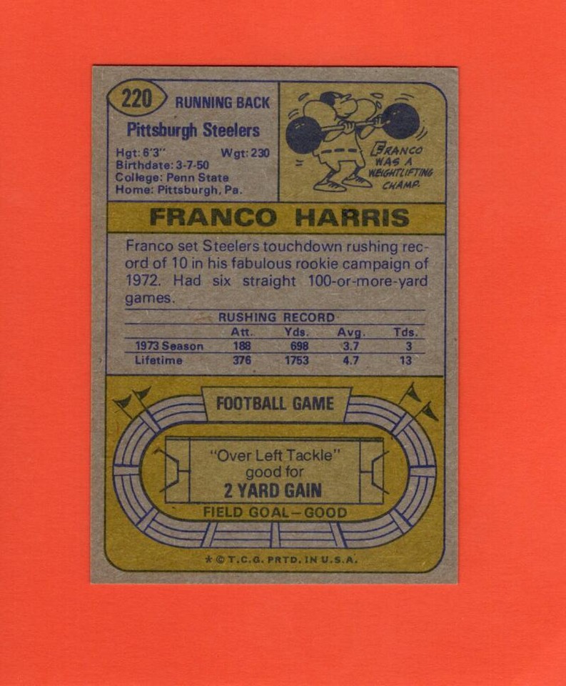 1974 Topps #220 Franco Harris EX/NM Pittsburgh Steelers #32062 | eBay
