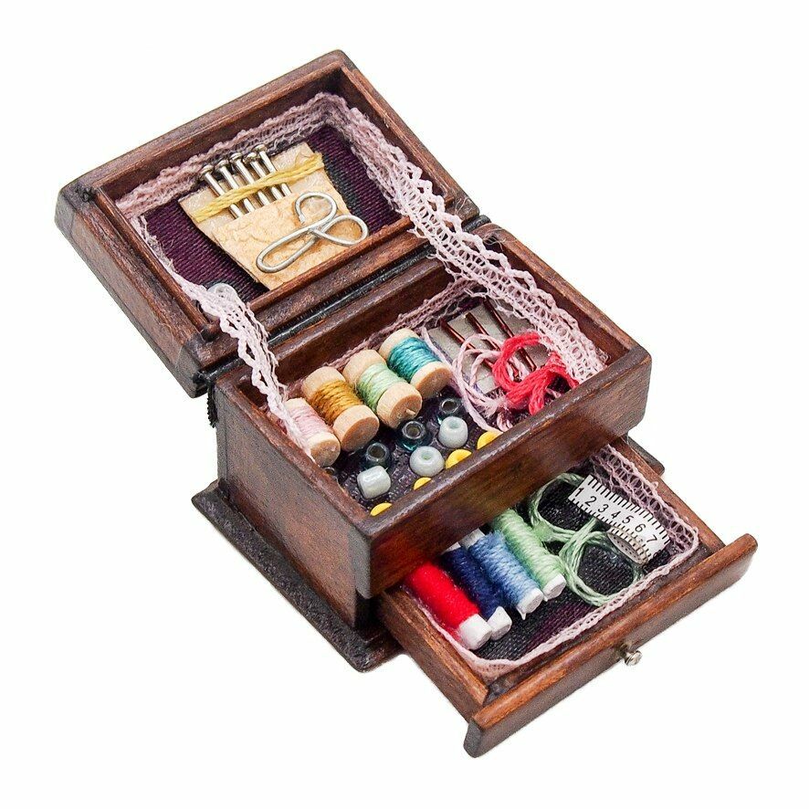 1:12 Miniature Vintage Sewing Box With Needle Scissors Kit Dollhouse ...