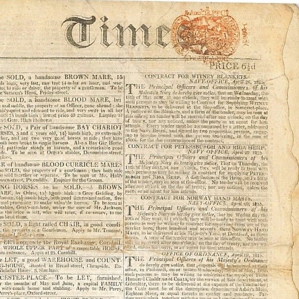 Napoleonic Wars Waterloo Times Paper 1815 Complete and Original ...