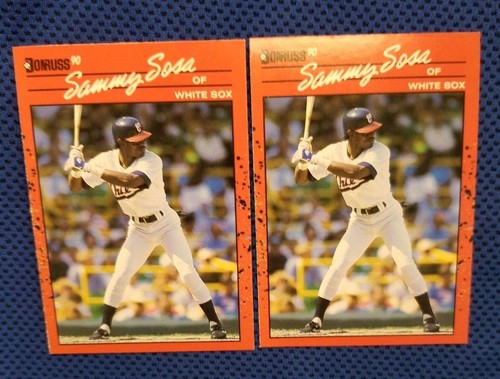 TWO 1990 Donruss Sammy Sosa double error cards Wrong DOB and no dot ...