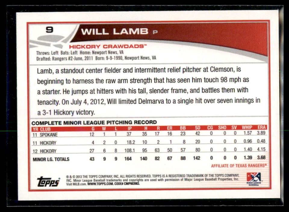 2013 Topps Pro Debut Will Lamb #9 Hickory Crawdads | eBay