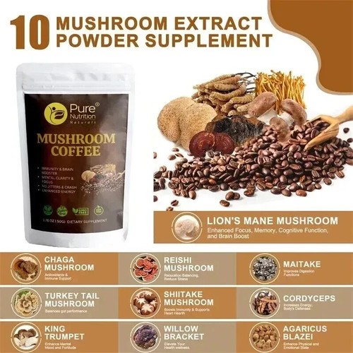 Organic 10 Mushroom Coffee Powder Brain & Memory Hericium Erinaceus 50g ...