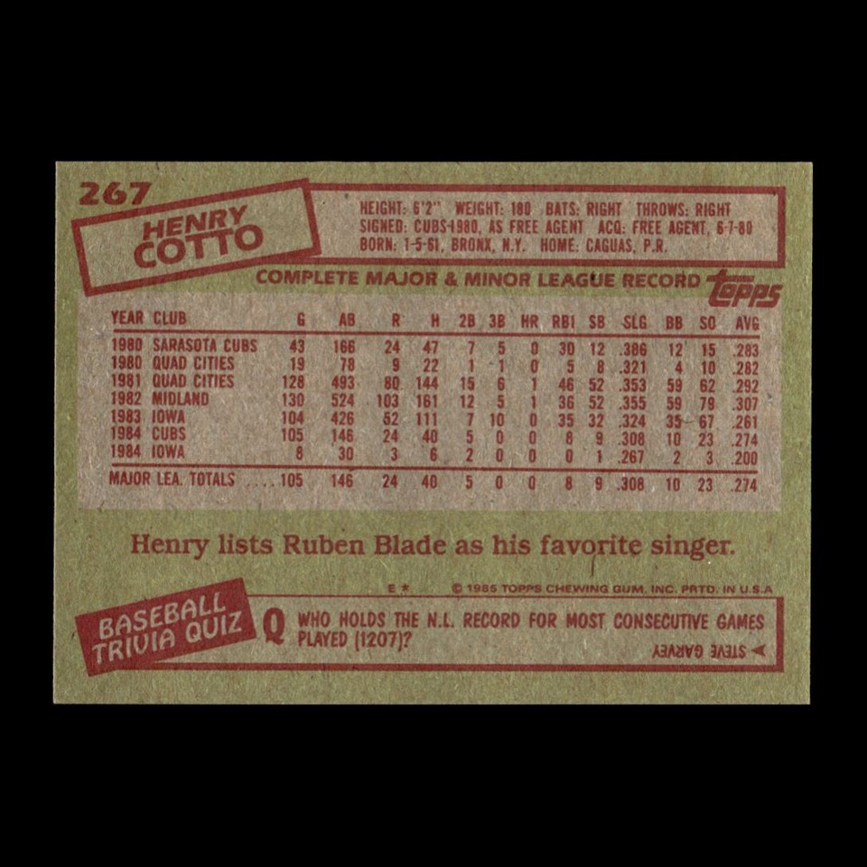 Henry Cotto 1985 Topps Rookie Chicago Cubs #267 R321I 3 | eBay