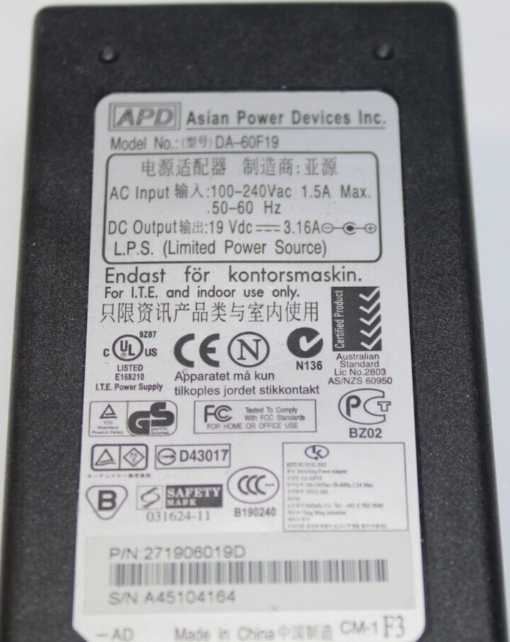 APD ADP DA-60F19 AC Power Supply Adapter Charger Cord Output 19V 3.16A ...