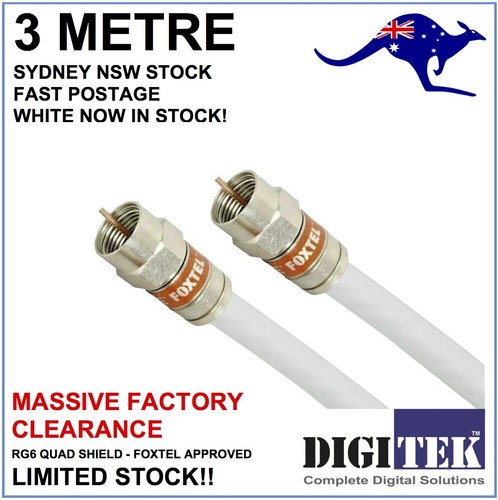 3m RG6 White Quad Shield F-Type Coax Cable TV Foxtel Optus Telstra NBN ...