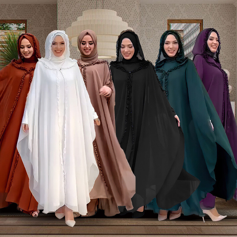 Abaya Women Chiffon Hooded Kaftan Long Dress Set Muslim Burqa Evening ...