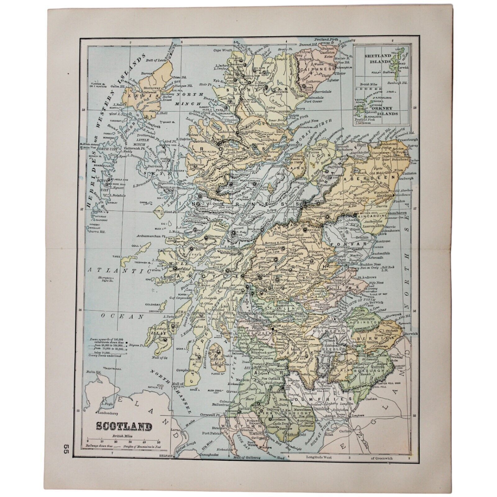 1891 SCOTLAND NORTH SEA ATLANTIC ICEAN HEBRIDES ANTIQUE MAP COLOR ...
