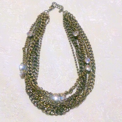 Brass Tone and Rhinestone Multi Chain Statement Necklace | eBay