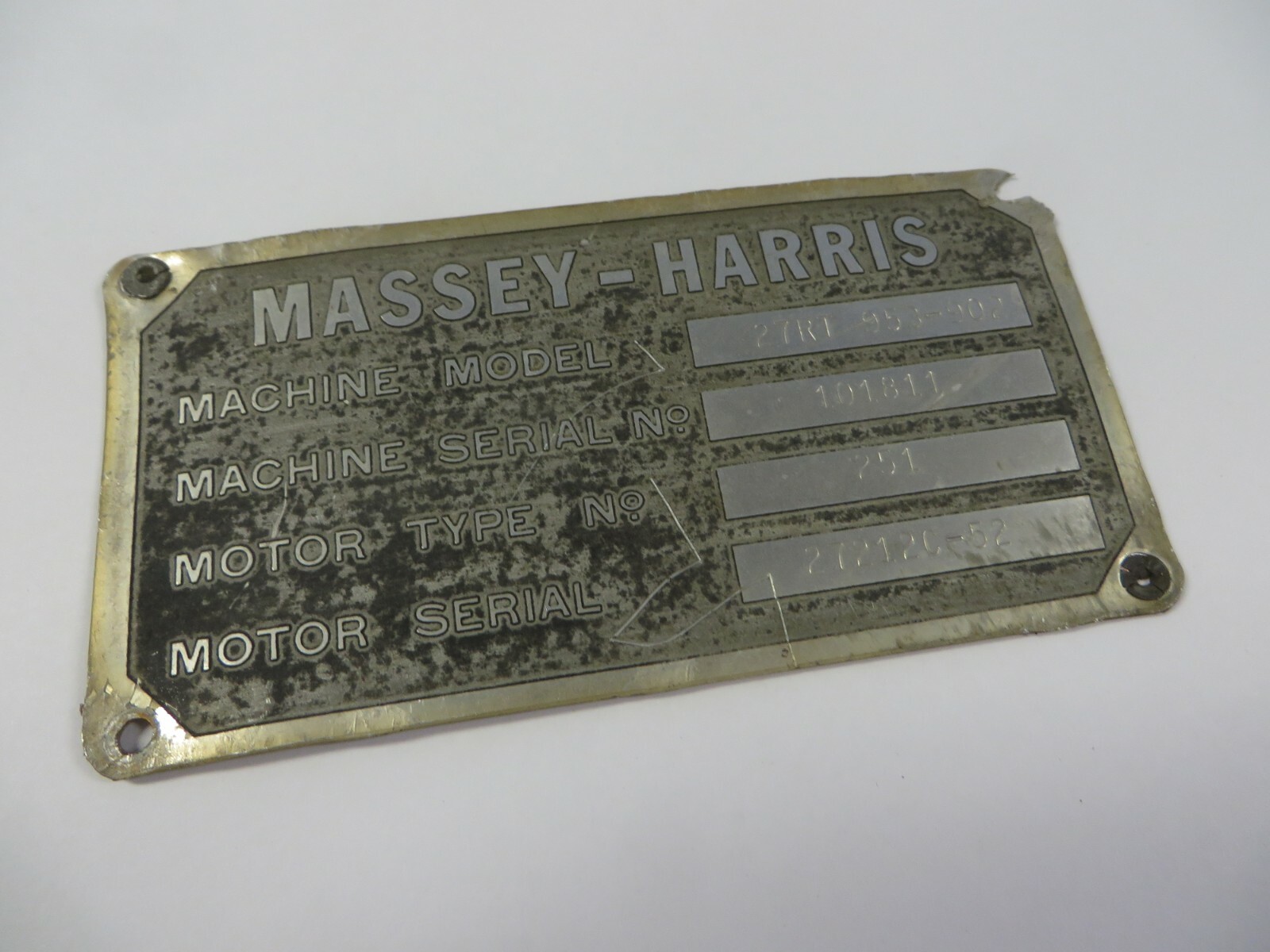 Vintage Massey-Harris Tractor Serial Tag Plate Number Data Plate ...