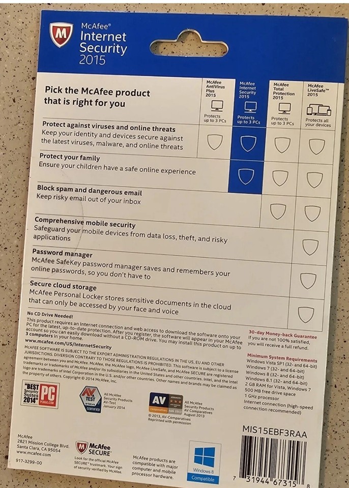 NEW McAfee Internet Security 2015 - 3 PCs 1 Year protection. No CD ...