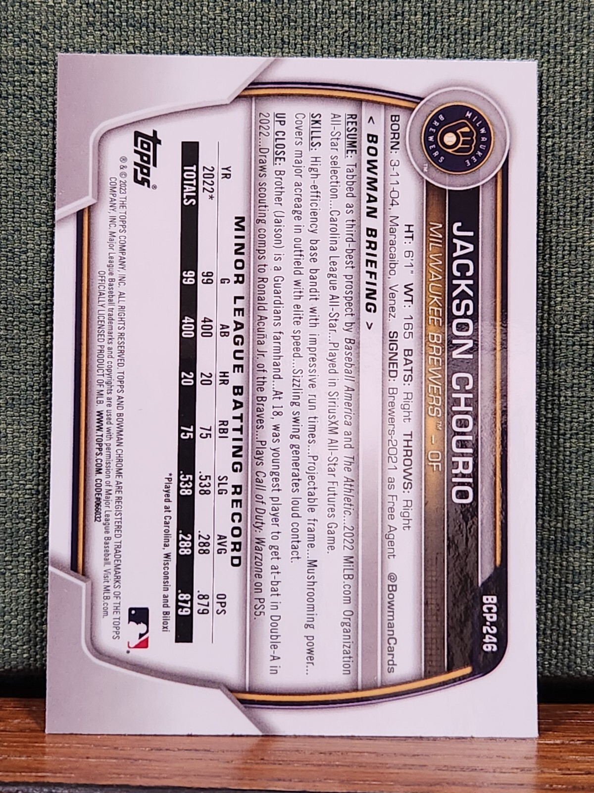 2023 Bowman Draft Chrome Mojo Jackson Chourio Milwaukee Brewers RC BCP ...