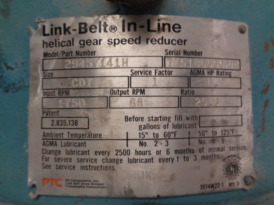 2945Y141H Link-Belt In-Line Helical Gear Speed Reducer Size CDI Ratio ...