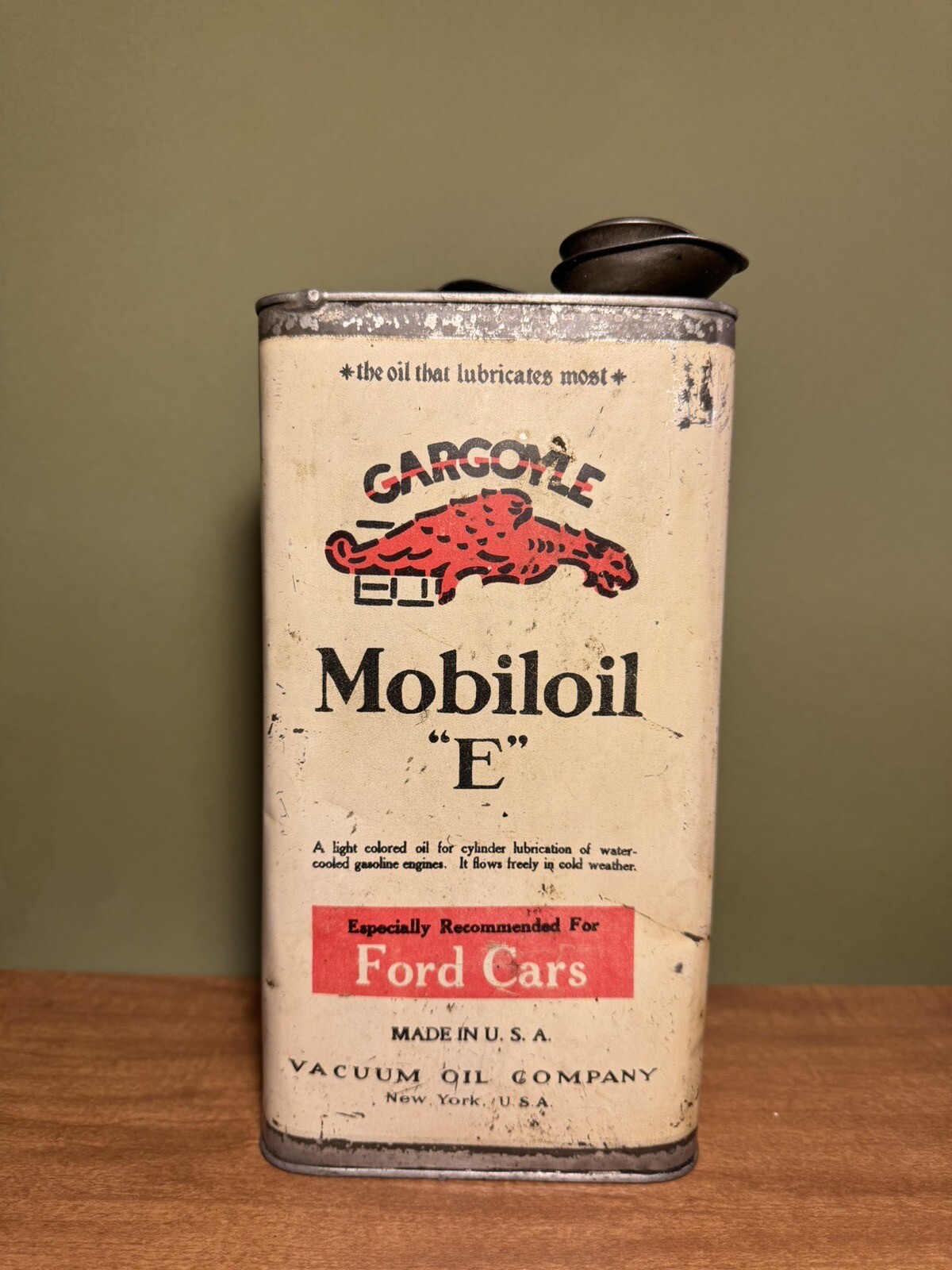 Mobiloil Gargoyle “E” Ford Cars Vacuum Oil Co 1 Gallon Square Oil Can ...