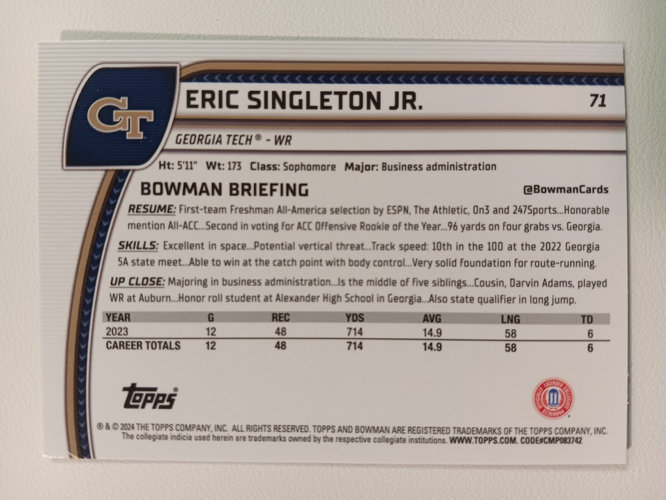 2024 Bowman Chrome University U Football Eric Singleton Jr. #71 | eBay