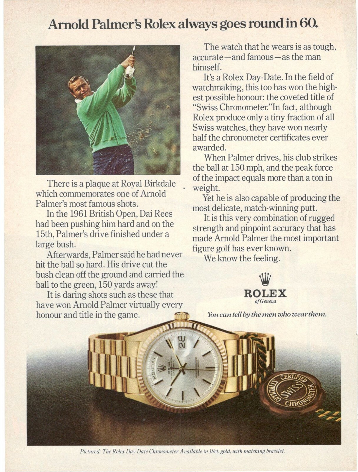 Rolex Arnold Palmer Advertising 1 Page Original Golf Watch | eBay