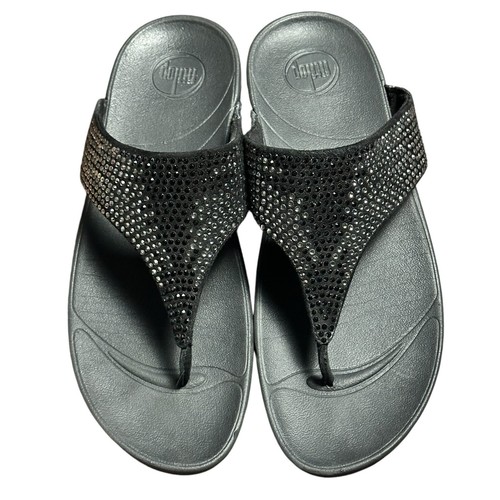 FITFLOP Womens Black Rokkit Thong Flip Flops Sandals Suede Rhinestone ...