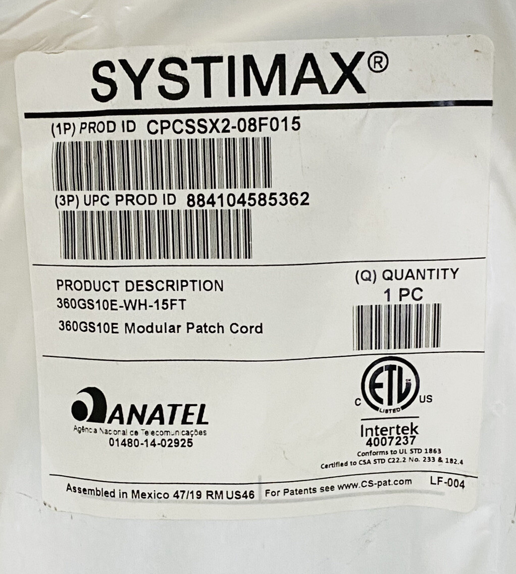 5x Lot Commscope CAT6A 5M 10G Ethernet White Patch Cables RJ45 360GS10E ...