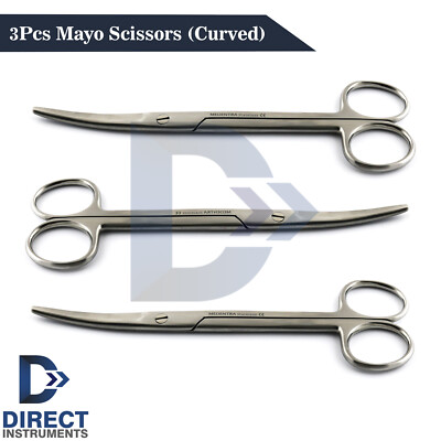 3Pcs Mayo Scissors Curved-Bladed 17cm Surgical Operating Tissue Cutting ...