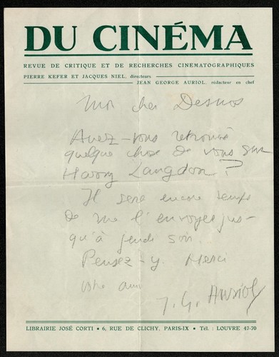 Jean George Auriol. L.A.S. à Robert Desnos. Vers 1928. Du Cinéma | eBay