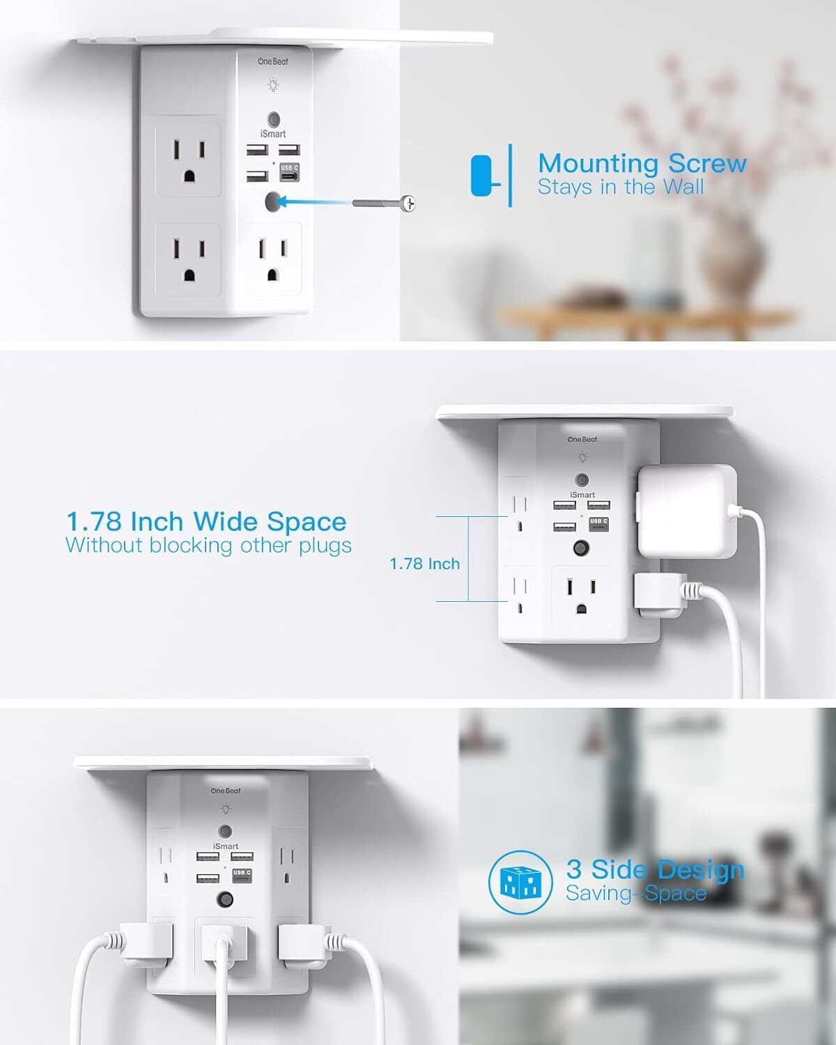 Power Strip, Wall Mounted Outlet Extender Surge Protector with Night ...
