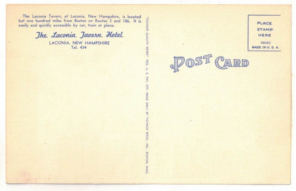 c1940 PC: The Laconia Tavern Hotel – Laconia, New Hampshire - Tel # 434 ...