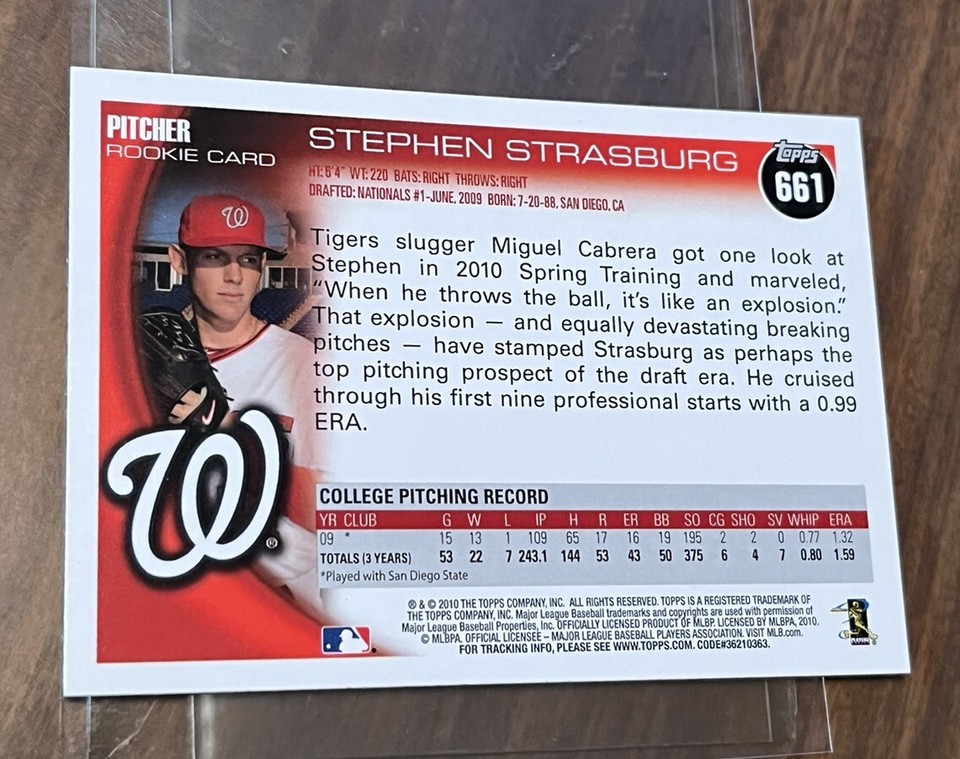 2010 Topps Card # 661 STEPHEN STRASBURG Rookie RC - Washington ...