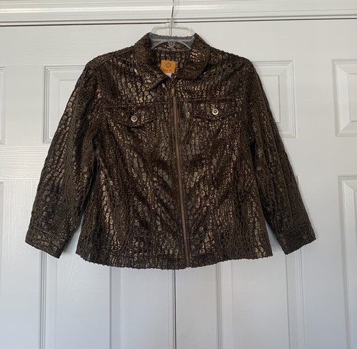 Ruby Rd Metallic Cheetah Print Zip Up Collared Jacket Elastic Waist 3/4 ...