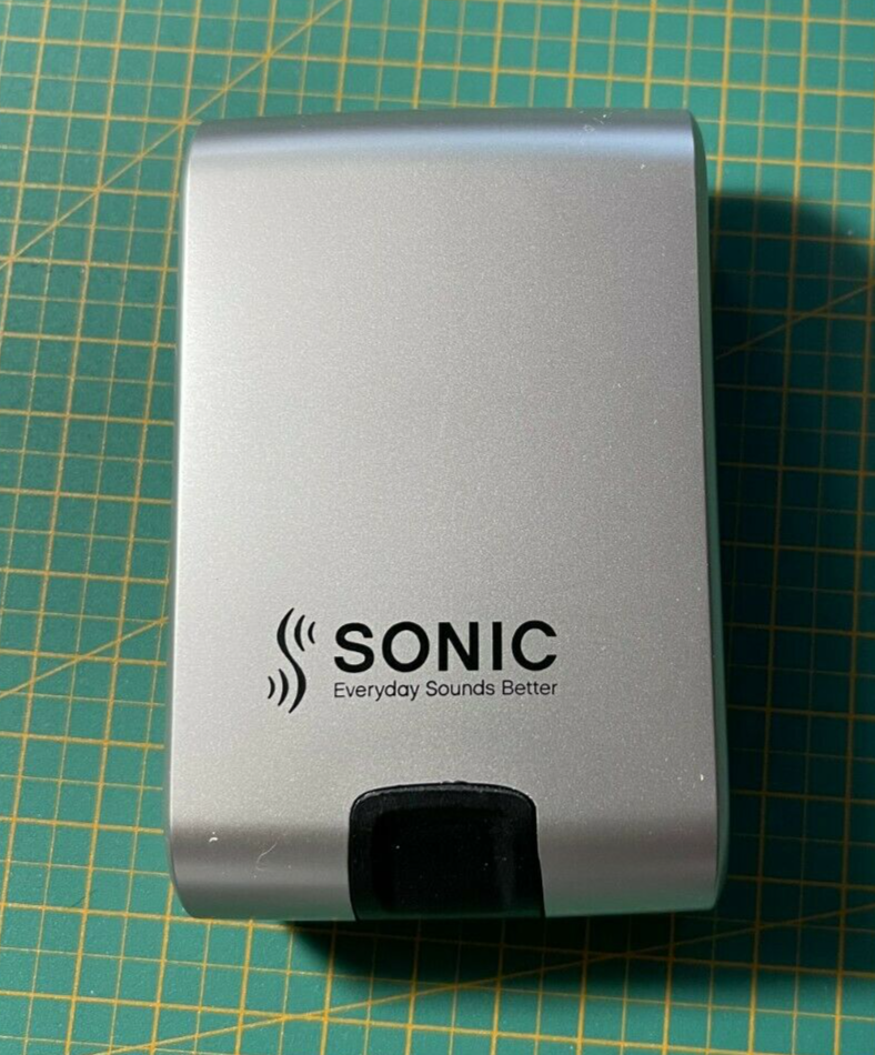 Hardcover Hearing Aid Case Sonic Push Button Spring Silver/Black 3.5" x ...