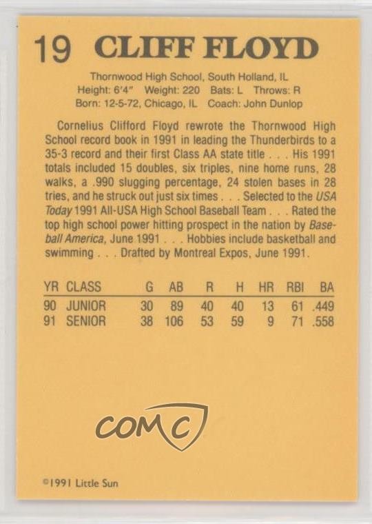 1991 Little Sun High School Prospects /10000 Cliff Floyd #19 te2 | eBay
