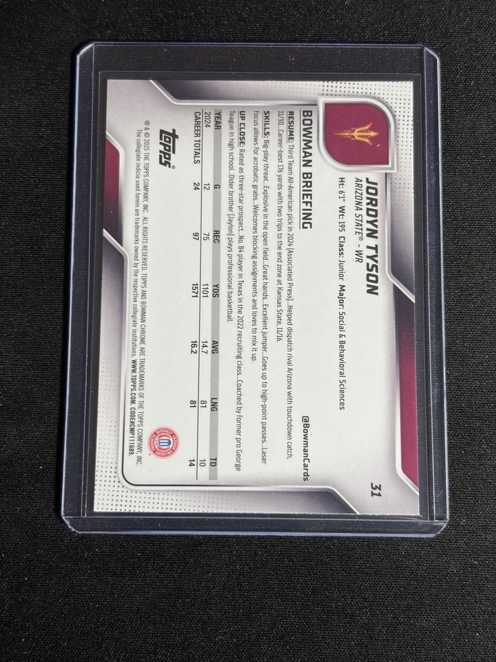 2025 Bowman Chrome University JORDYN TYSON Yellow Mini-Diamond ...