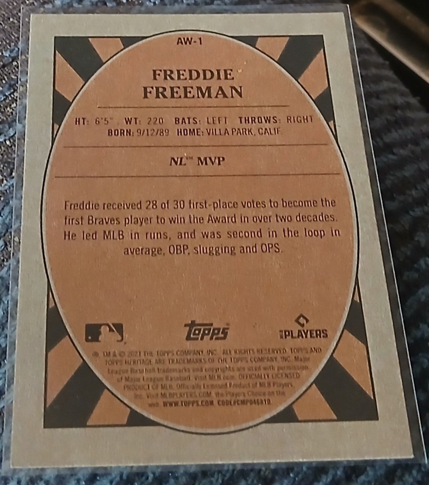 2021 Topps Heritage Freddie Freeman NL MVP #AW-1 Light Blue Border Braves | eBay