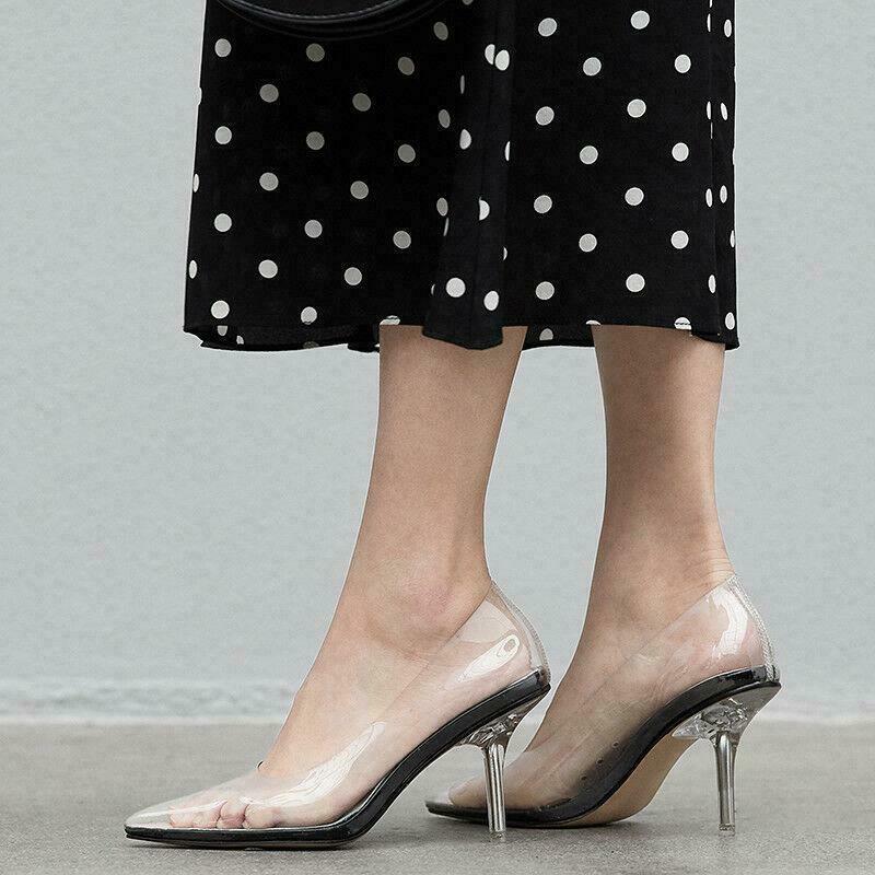 Womens Clear Pumps Shoes Transparent Pointed Toe Middle Heels Party ...