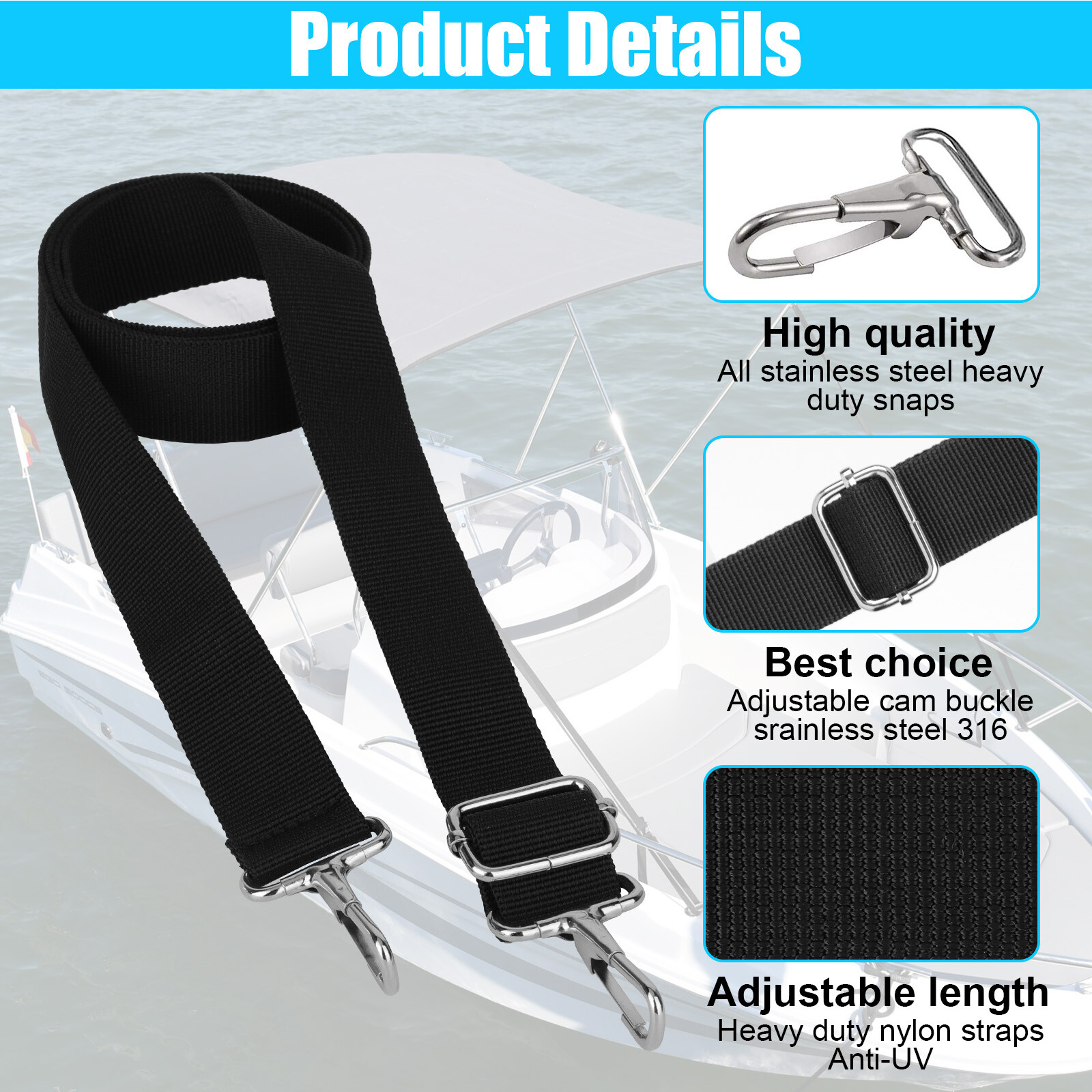 2x Adjustable Bimini Boat Top Straps Loops & Snap Hook Stainless Steel ...