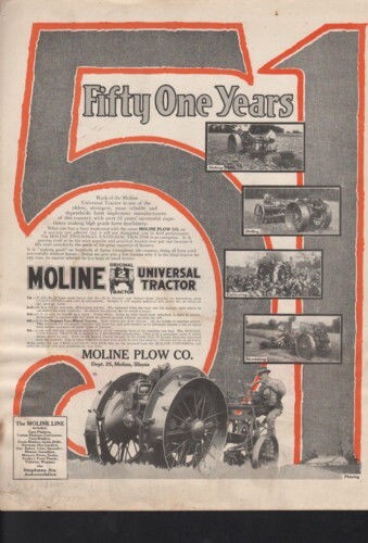 1921 MOLINE UNIVERSAL TRACTOR PLOW FARM MACHINE CULTIVATE HARVEST AD ...