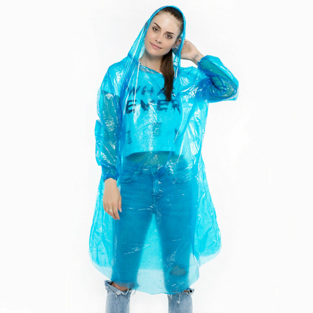 5x Disposable Hooded PE Raincoat Poncho Plastic Rain Coat Rainwear ...