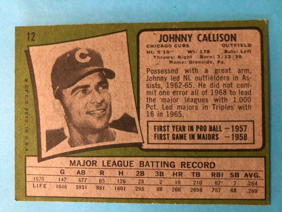 1971 TOPPS Card #12 Johnny Callison Chicago Cubs | eBay