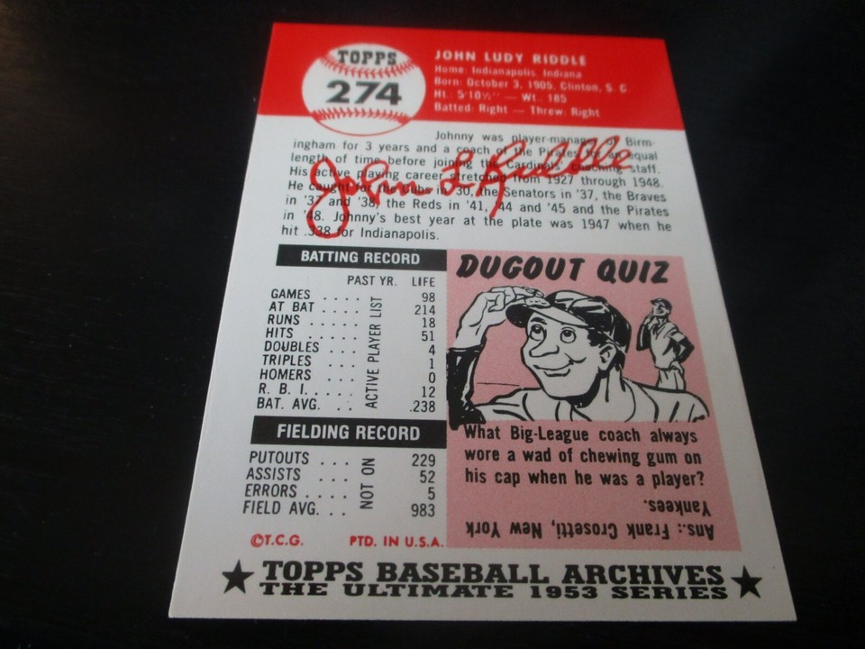 john riddle (st. louis cardinals) 1953 TOPPS ARCHIVES reprint card #274 ...