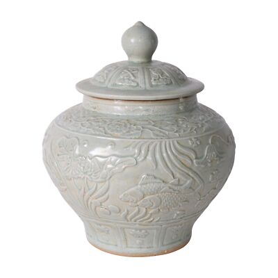 Sage Green Embossed Fish Porcelain Ginger Jar | eBay