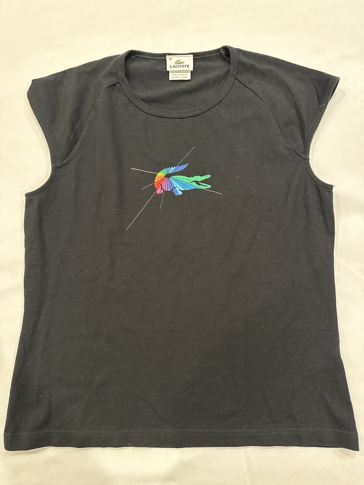 Lacoste Women’s Black T-Shirt Size 46 Rainbow Color Wheel Alligator ...