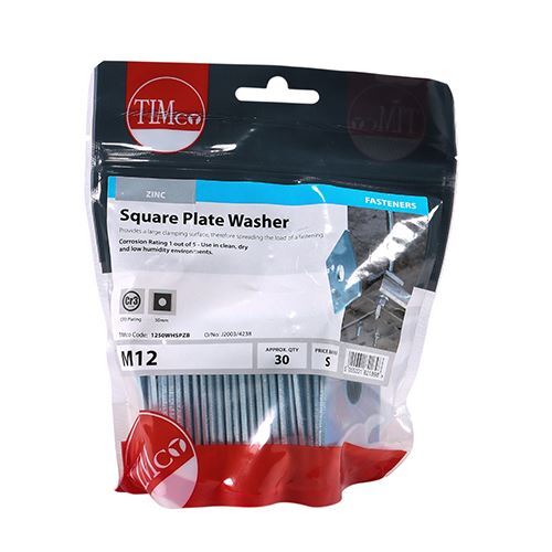 Timco - Square Plate Washers - Zinc (Size M12 x 50 x 50 x 3 - 30 Pieces ...
