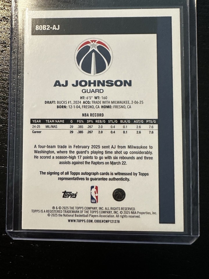 2025-26 Topps NBA Flagship #80B2-AJ AJ Johnson 1980 Real One On Card ...