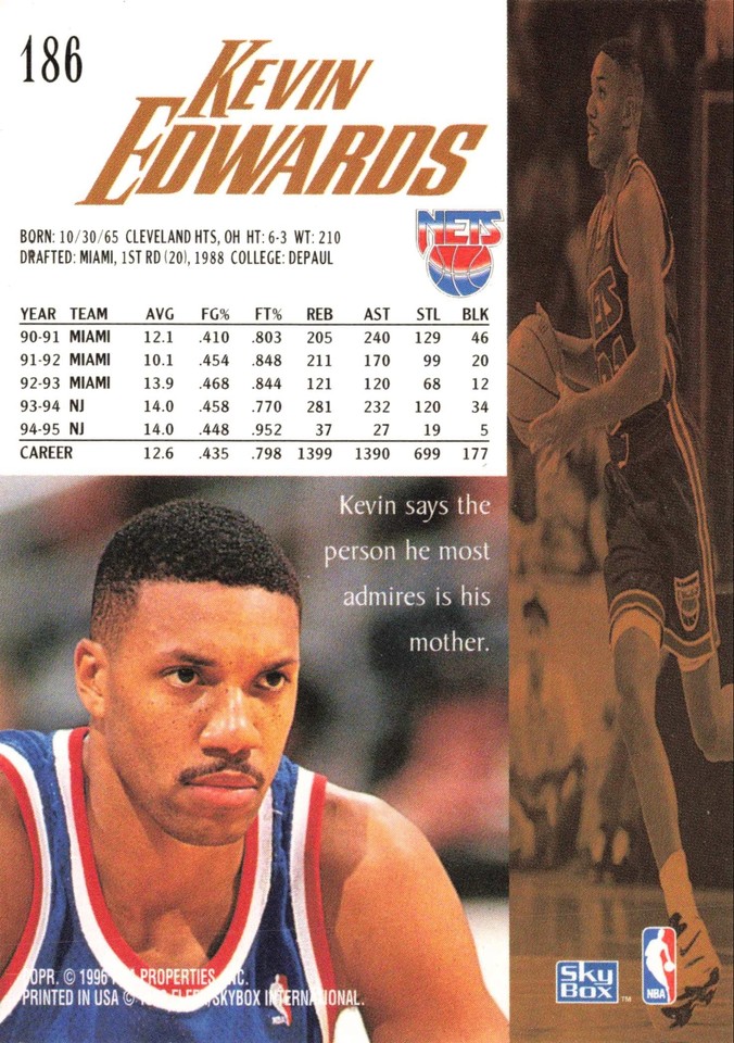 Kevin Edwards 1995 SkyBox Premium #186 New Jersey Nets | eBay